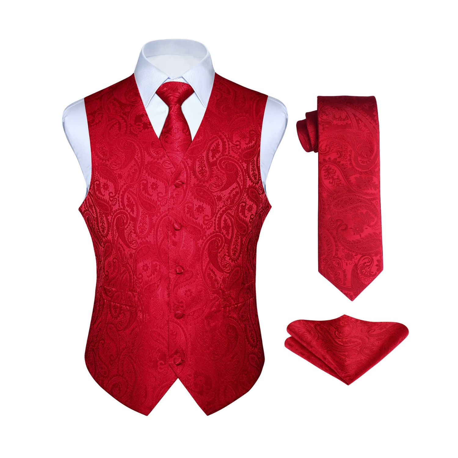 Hisdern Men's Red Paisley Vest Tie Set For Weddings