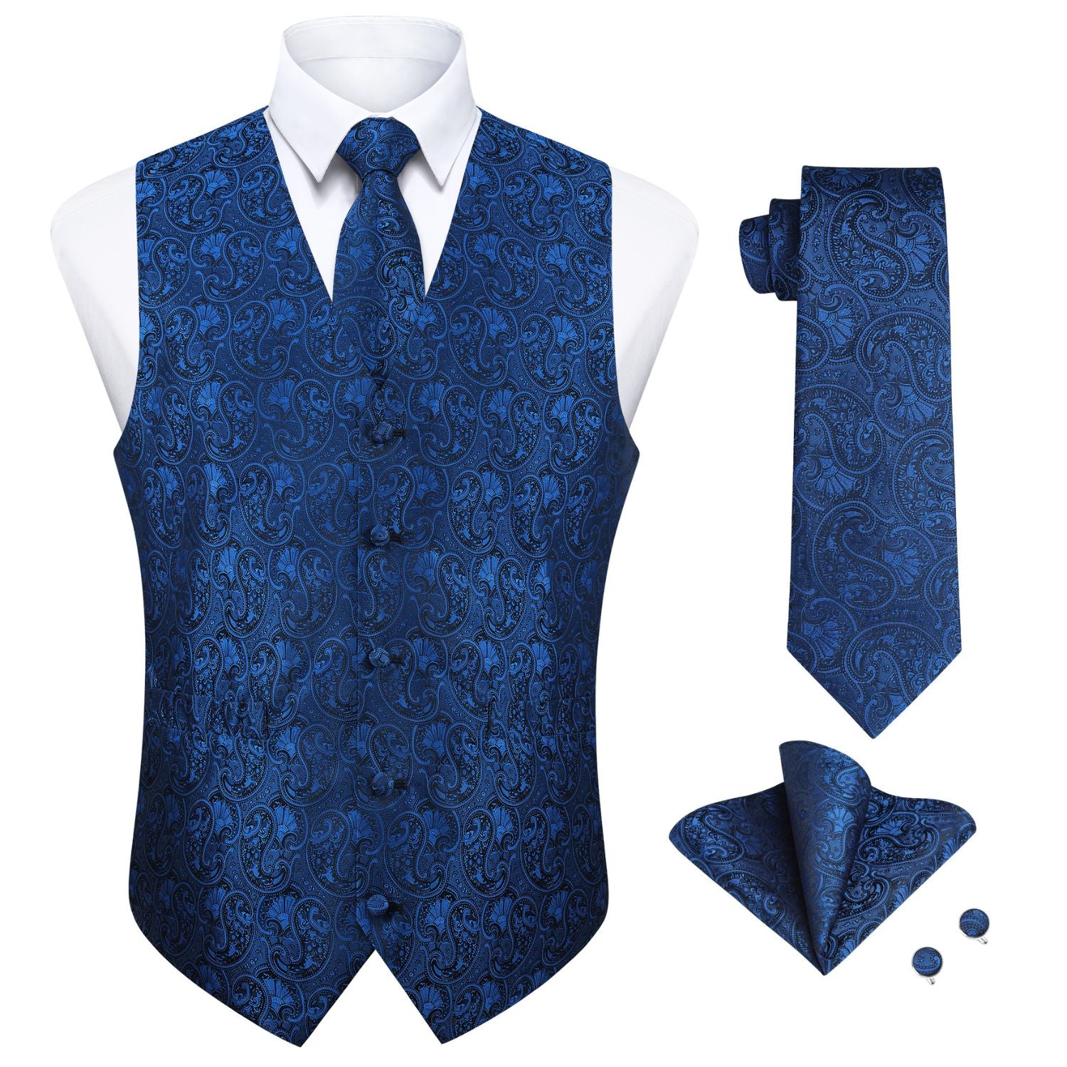 Hisdern Men's Royal Blue Paisley Vest Tie Set For Weddings