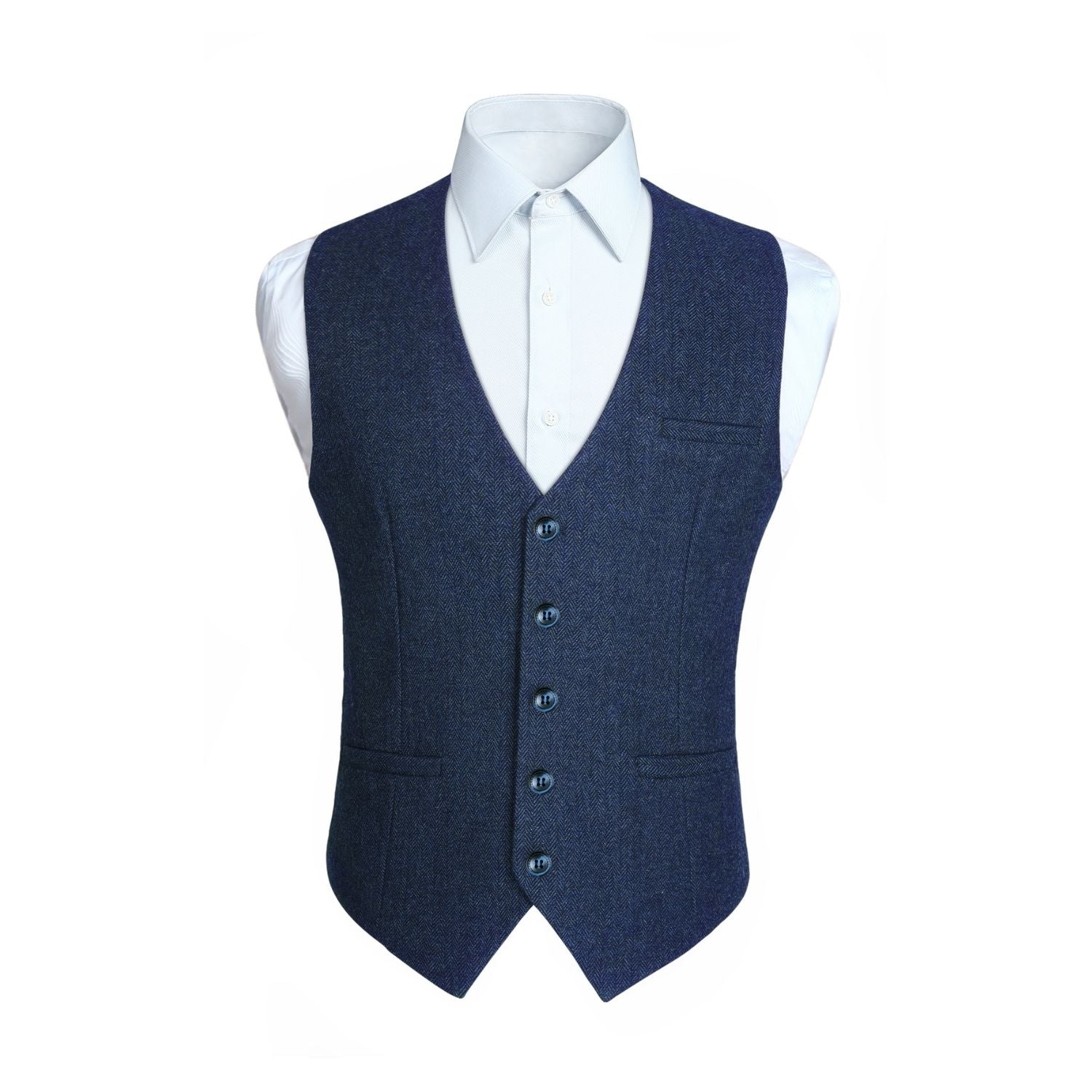 Hisdern Men's Herringbone Tweed Vest Blue Casual Winter Layering
